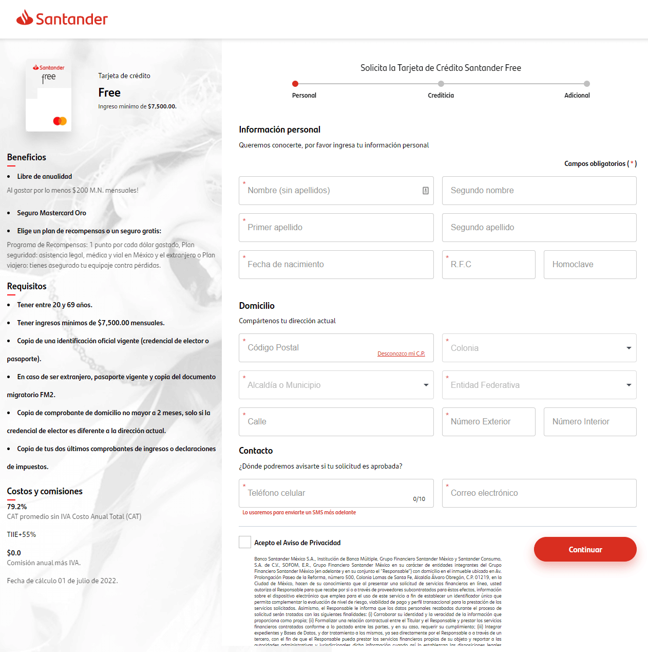 Tarjeta de Crédito Santander Free - Pagos en línea